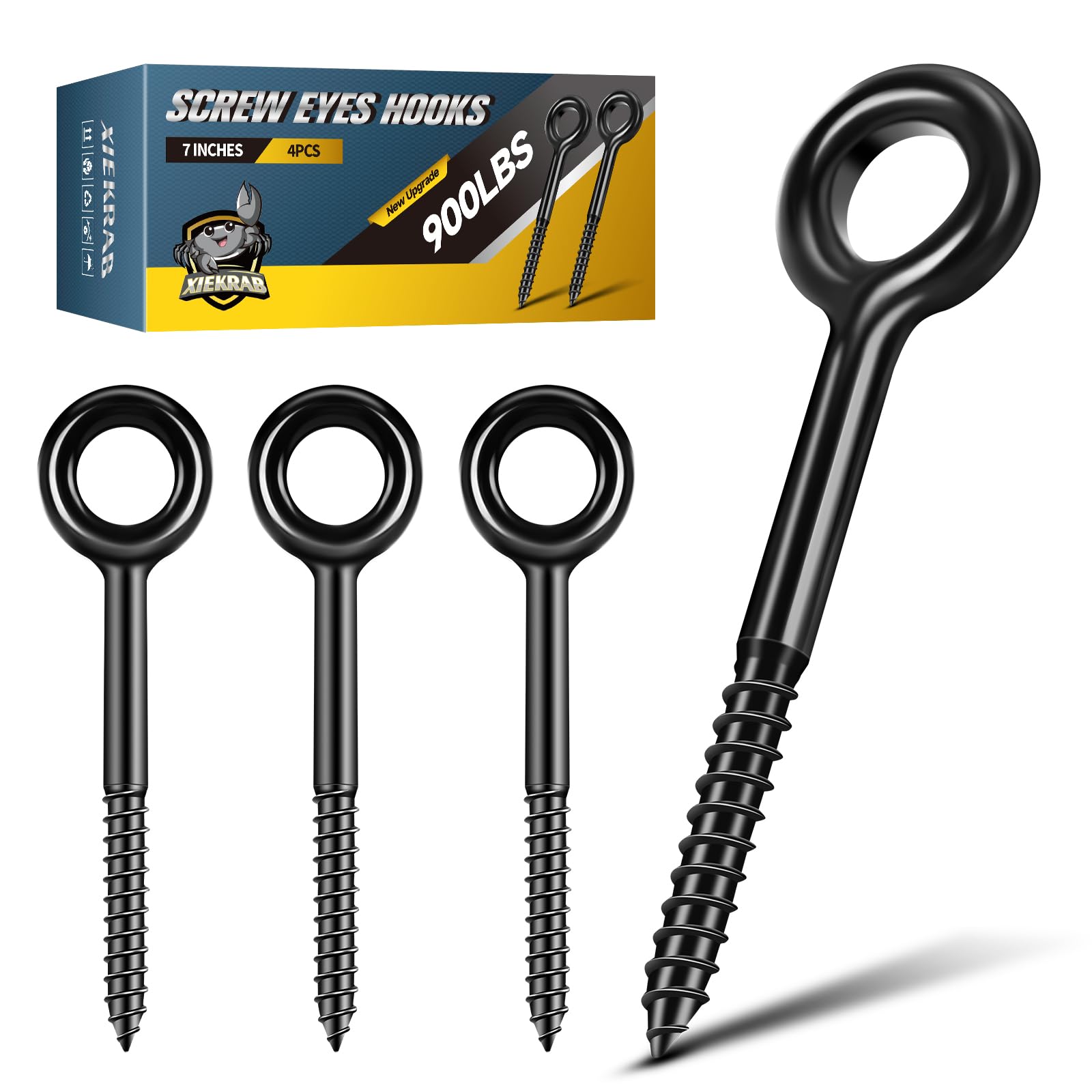 XIEKRAB 7 inch Eye Bolts - 4 Pcs Eyes Hooks Screw Heavy Duty 900 lbs Breaking Strength Black Rust-Resistant, Self Tapping Eyelet Screw for Wood Securing, Hammock Stand, Indoor & Outdoor Use