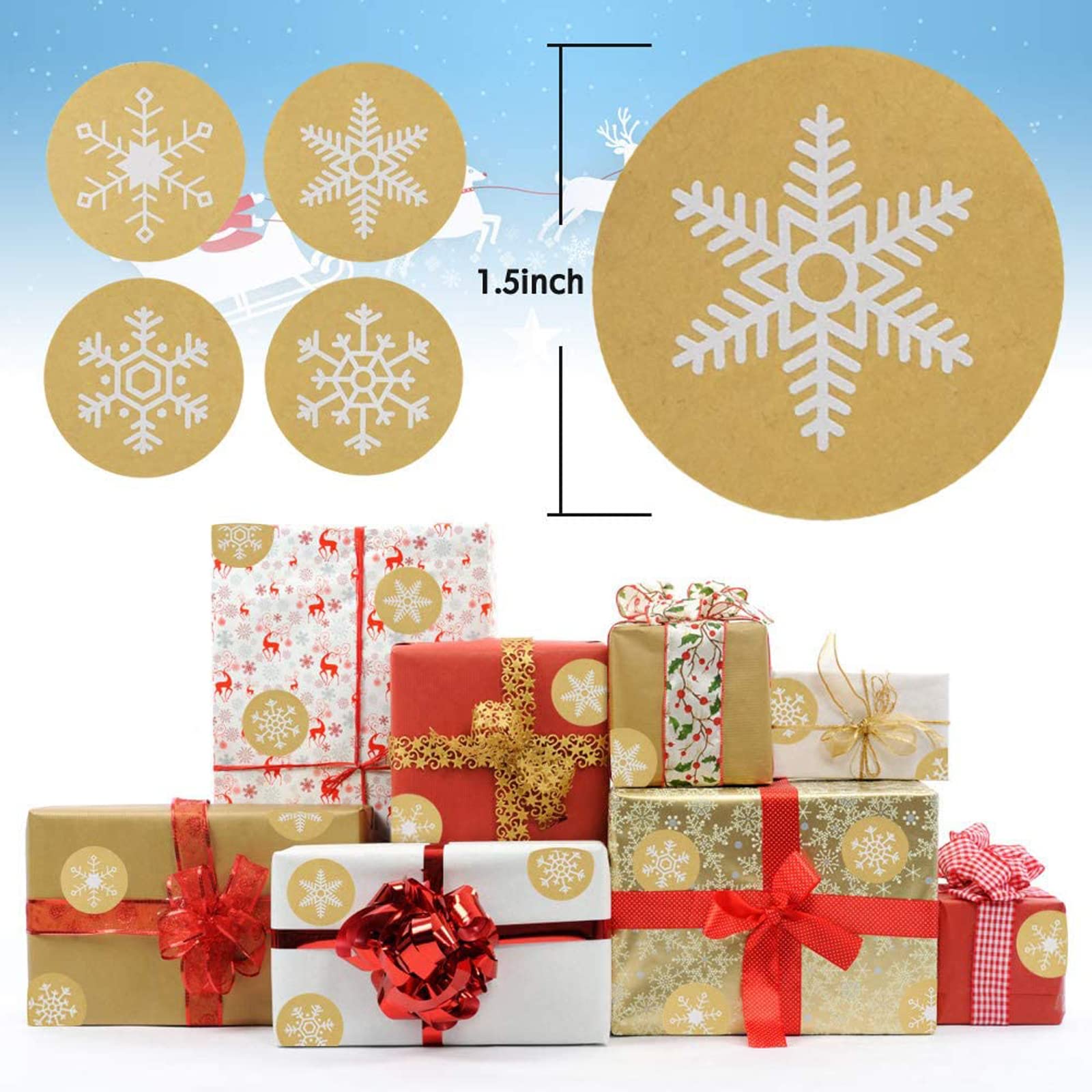 KATUMO Snowflakes Christmas Stickers, Holiday Stickers Envelope Stickers Family Classroom New Year Decor Presents Stickers 500Pcs Per Roll with 4 Different Designs