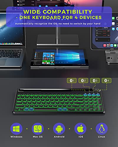 seenda Backlit Multi-Device Bluetooth Keyboard for Tablet Phone Computer - Wireless Illuminated Rechargeable Keyboard with Number Pad Connect Up to 4 Devices Compatible Mac Android iOS Windows