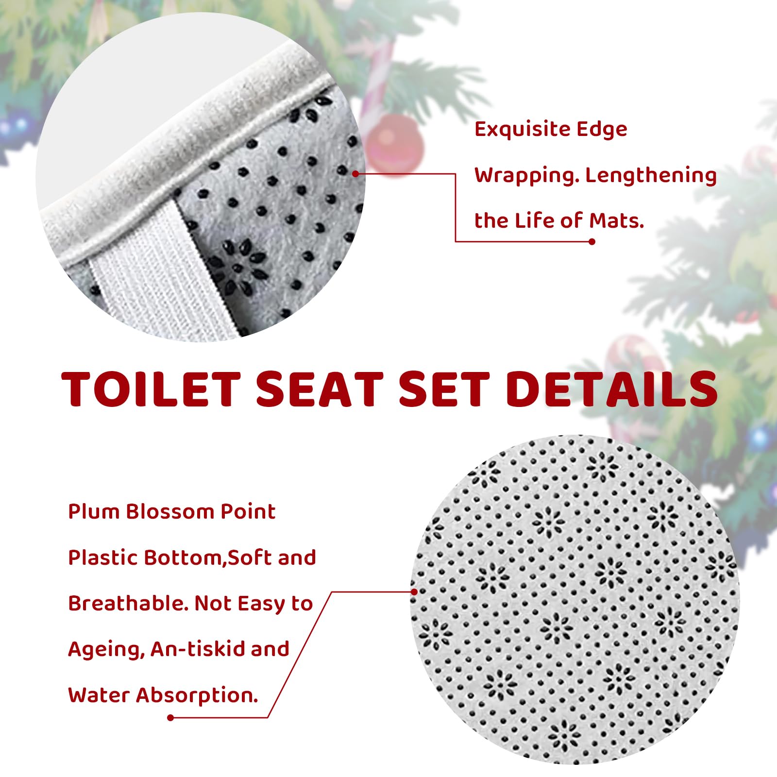 Jyumini 4Pcs Christmas Shower Curtain Sets with Non-Slip Rugs, Toilet Lid Cover and Non-Slip U Shape Bath Mat, Bathroom Sets with 12 Hooks Xmas Holiday Home Decor