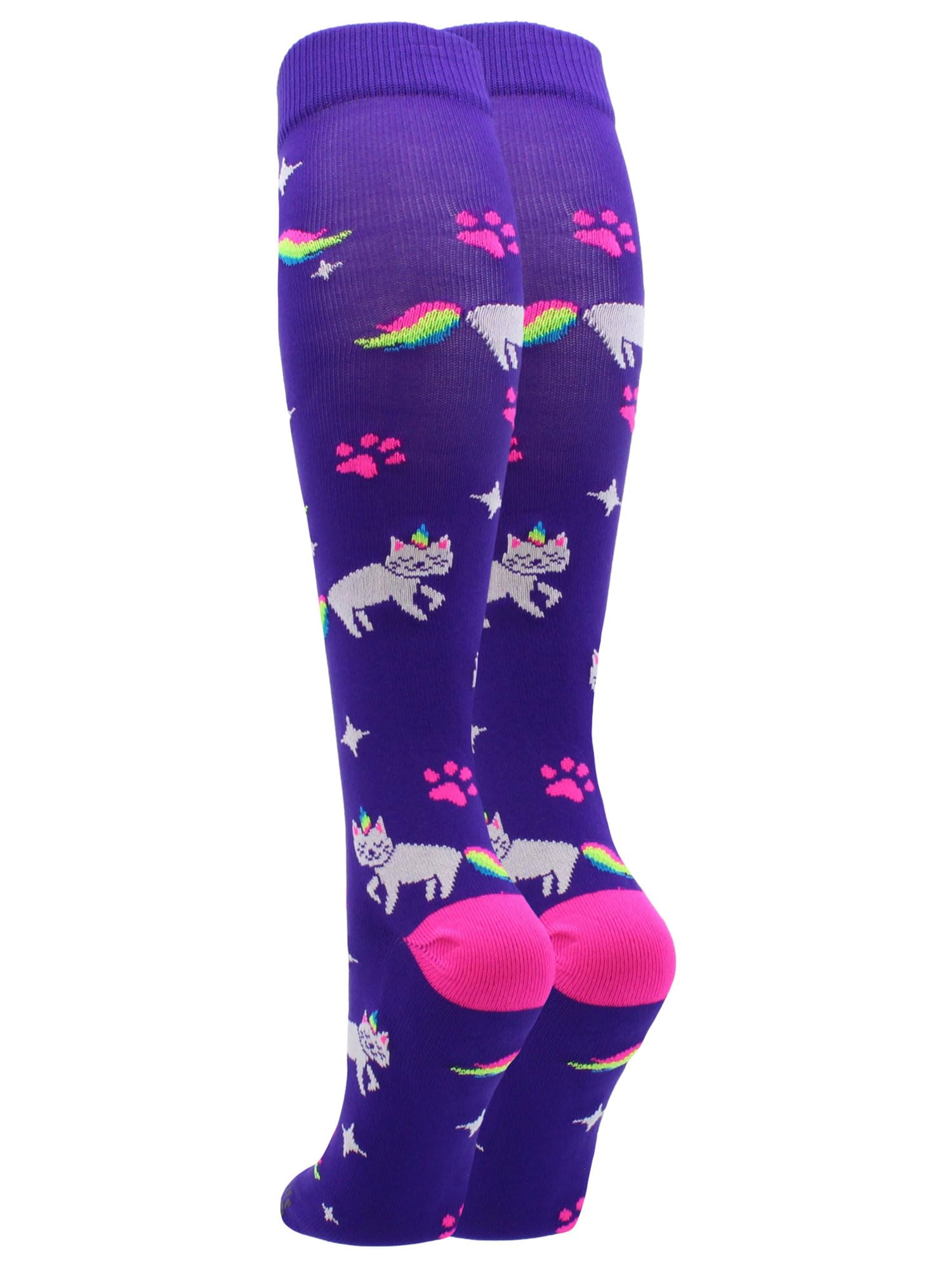 MadSportsStuff Neon Rainbow Caticorn Over the Calf Socks (Purple/Neon Pink, Small)