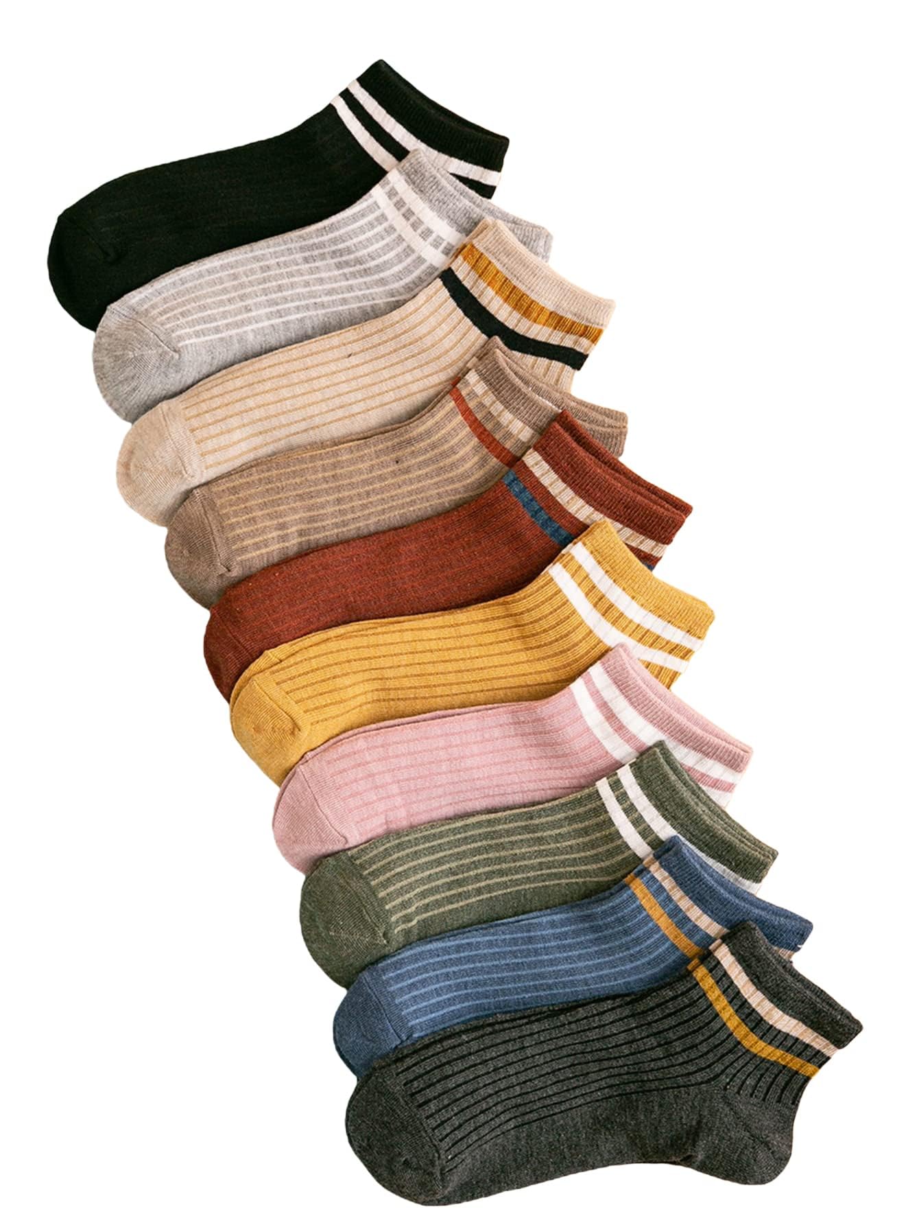 OYOANGLE Women's 10 Pairs Vintage Striped Ankle Socks Athletic Sport Casual Crew Socks Multicolor one-size