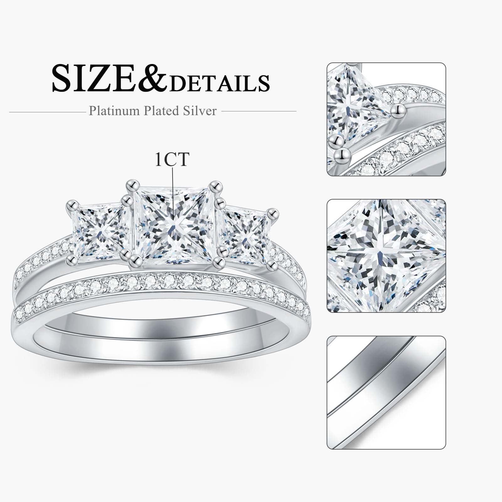 Princess Cut Wedding Ring Set for Women Platinum Plated Silver 3 Stone Moissanite Bridal Ring Set Engagement Ring Set White Gold Anniversary Promise Rings for Her with Text Engraving(size 12