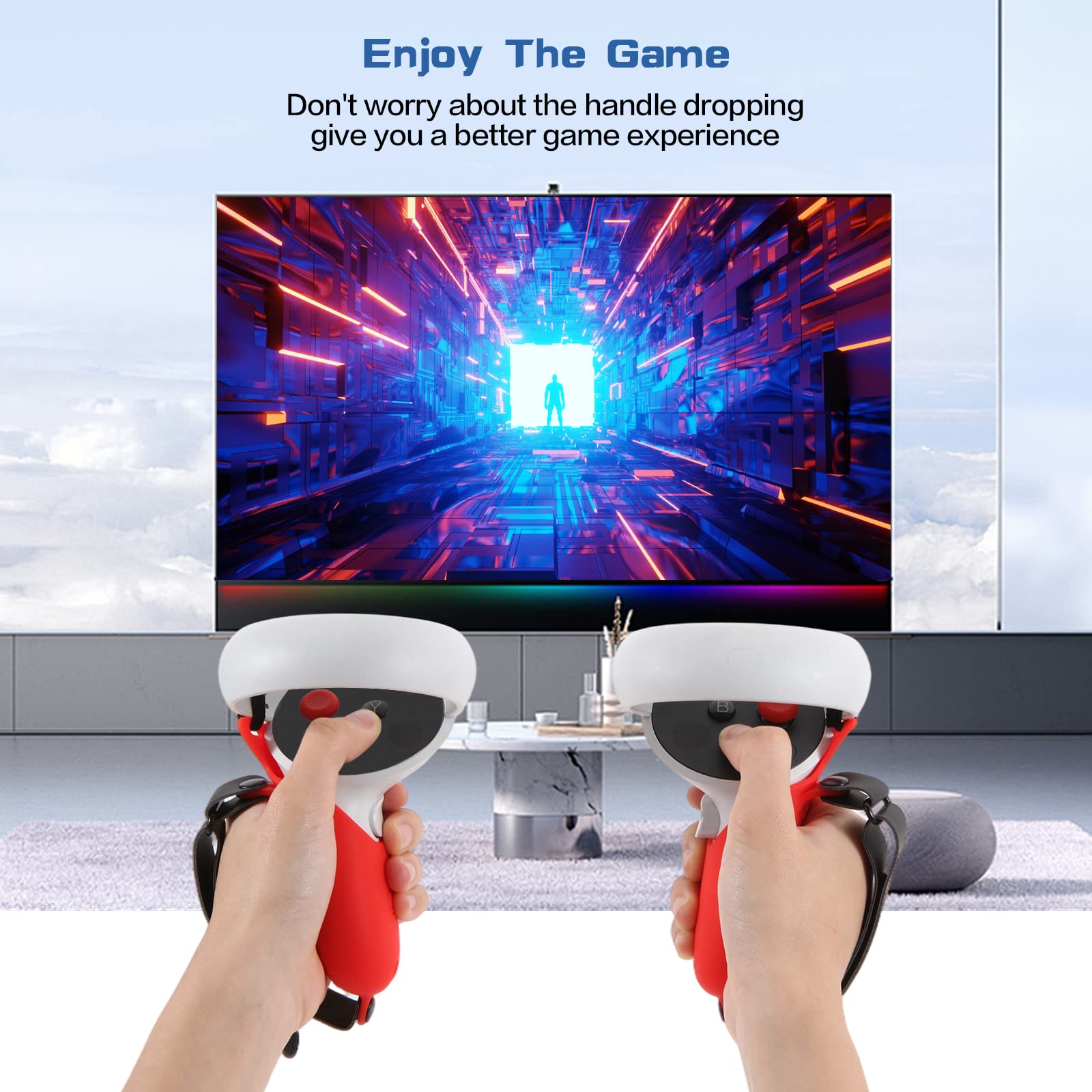 OOAVR VR Controller Grip Cover Accessories for Oculus Quest 2,2Pcs VR Silicone Face Pad,1 Pair VR Grips Cover and Thumbstick Covers(Red/4pcs Set)