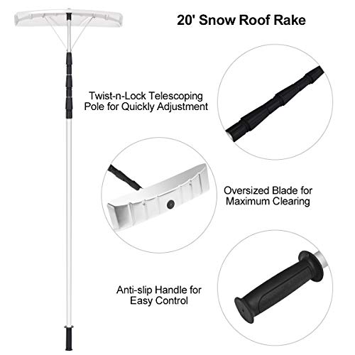 S AFSTAR Aluminum Roof Rake, 6.5’-21’ Telescoping Snow Roof Rake w/ 6’’ x 25’’Blade & Twist-N-Lock, Lightweight Snow Rake for House Proof, Debris, Leaves, Branches, Snow Removal