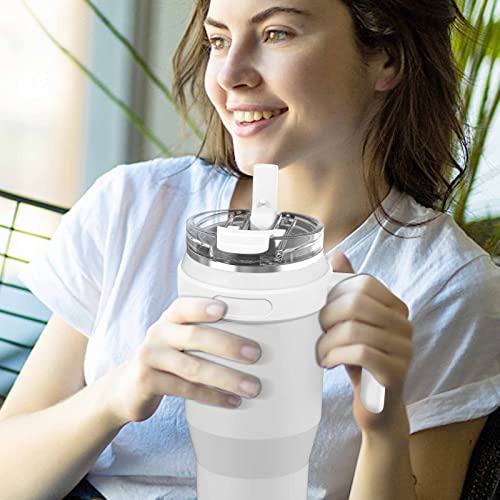 Zukro 50 oz Mug Tumbler With Handle And Flip Straw, Leakproof Vacuum Insulated Stainless Steel Cup Water Bottle with 2-in-1 Lid,Large Travel Mug, Fit in Cup Holder, Keeps Cold for 30 Hours, White