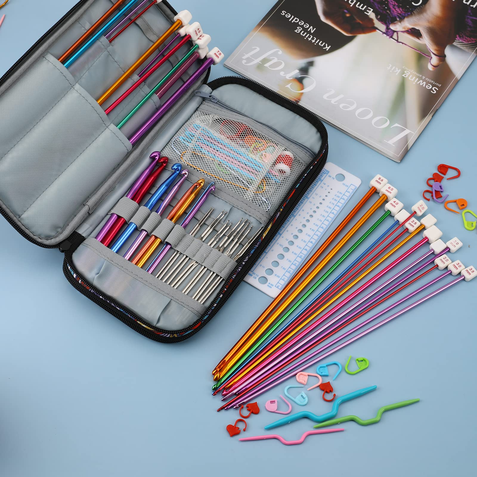 LOOEN 68pcs Crochet Hooks Set,Aluminum Tunisian Crochet Hooks Set Afghan Knitting Needles Kit with Case,11pcs 2mm/B-8mm/L Multicolor Hooks and Necessary Accessories