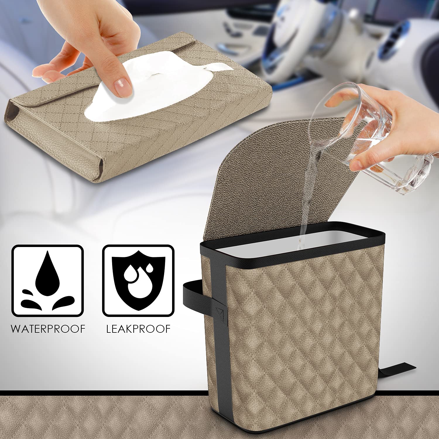 LUXXE - Refined Leather Car Trash Can - Car Garbage Can with Matching Tissue Box - Car Trash Container Water Proof - Car Trash Bag Machine Washable - Car Trashcan - Car Garbage Bag & Car Trash Bin