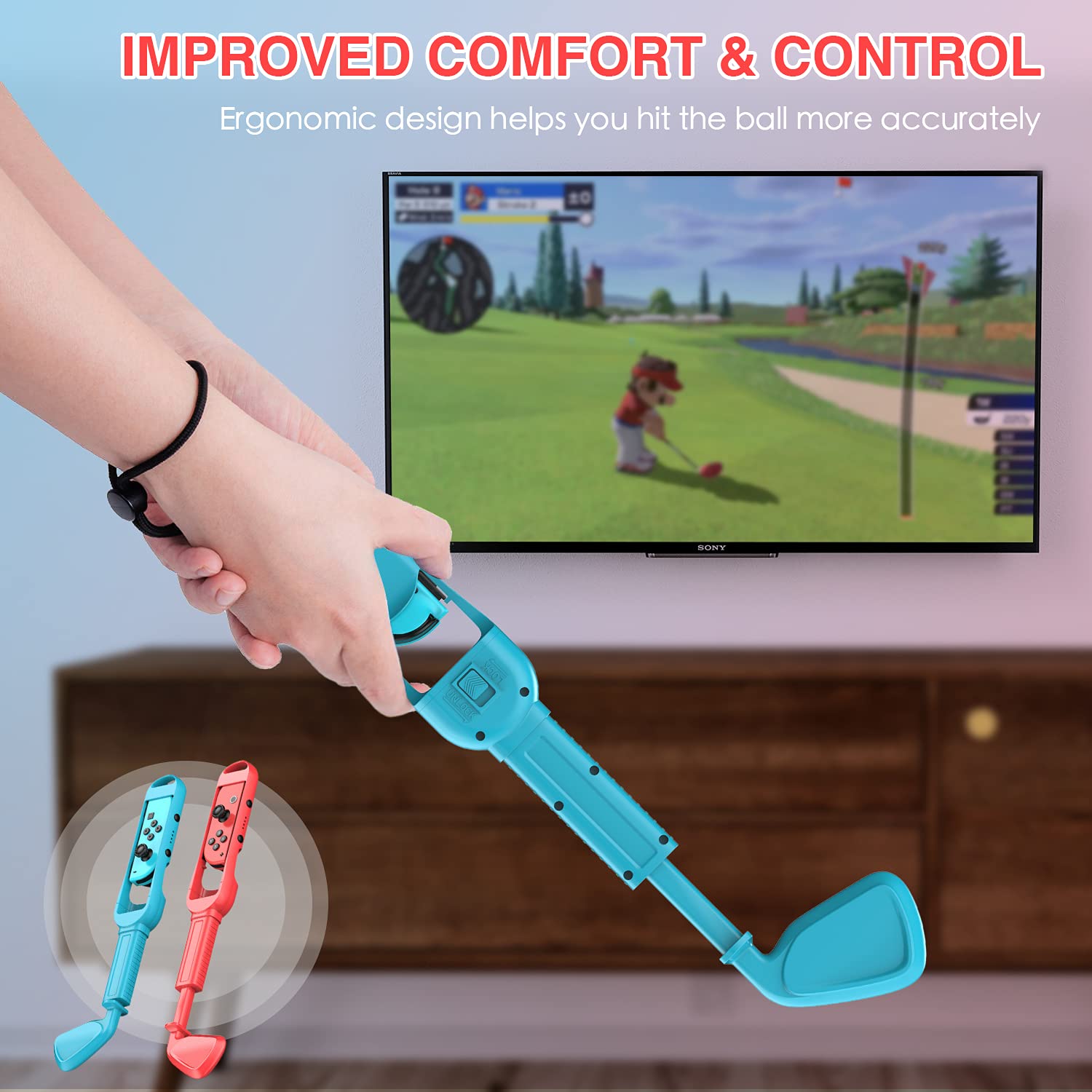 Mario Golf Club for Nintendo Switch/Switch OLED, JUSPRO Adjustable Golf Grip with Hand Strap, Game Accessories Compatible with Mario Golf Super Rush -2 Pack (Red+Blue)