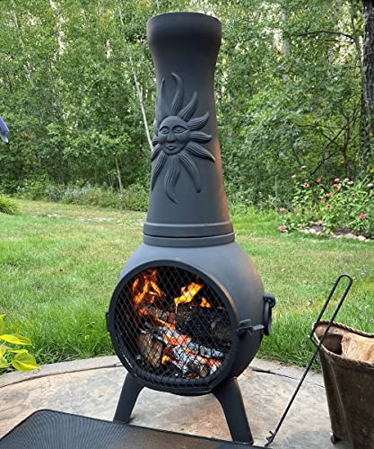Sun Fire Outdoor Chiminea Fireplace by The Blue Rooster - Rust-Free Cast Aluminum Deck or Patio Firepit