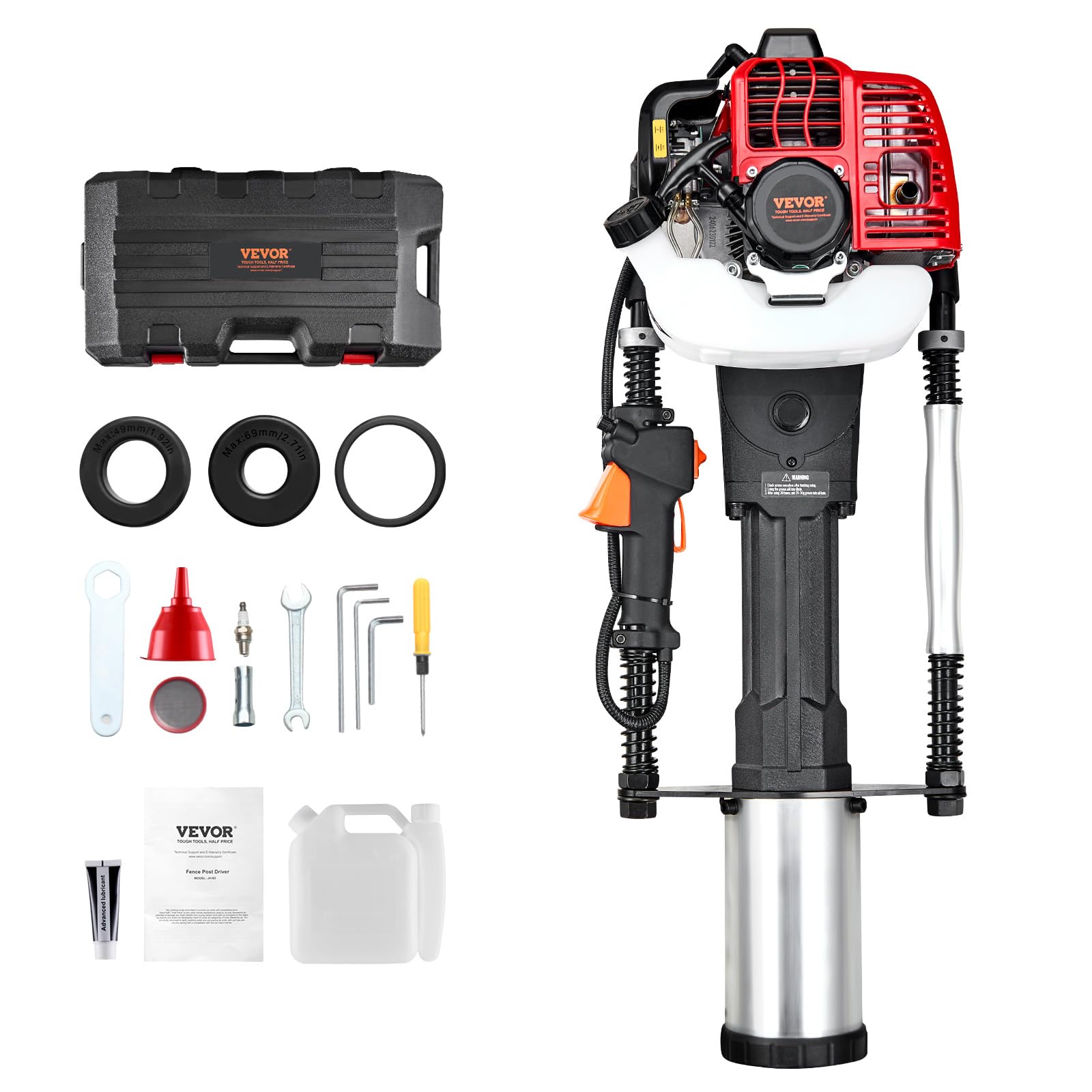 VEVOR 52cc Gas-Powered T Post Driver, 2-Stroke Engine Gasoline Fence Piling Pounder, 1300W Portable Piledriver with 3 Post Driving Head(49/69/100 mm), For Farm, Ranch Fencing, Road Improvements