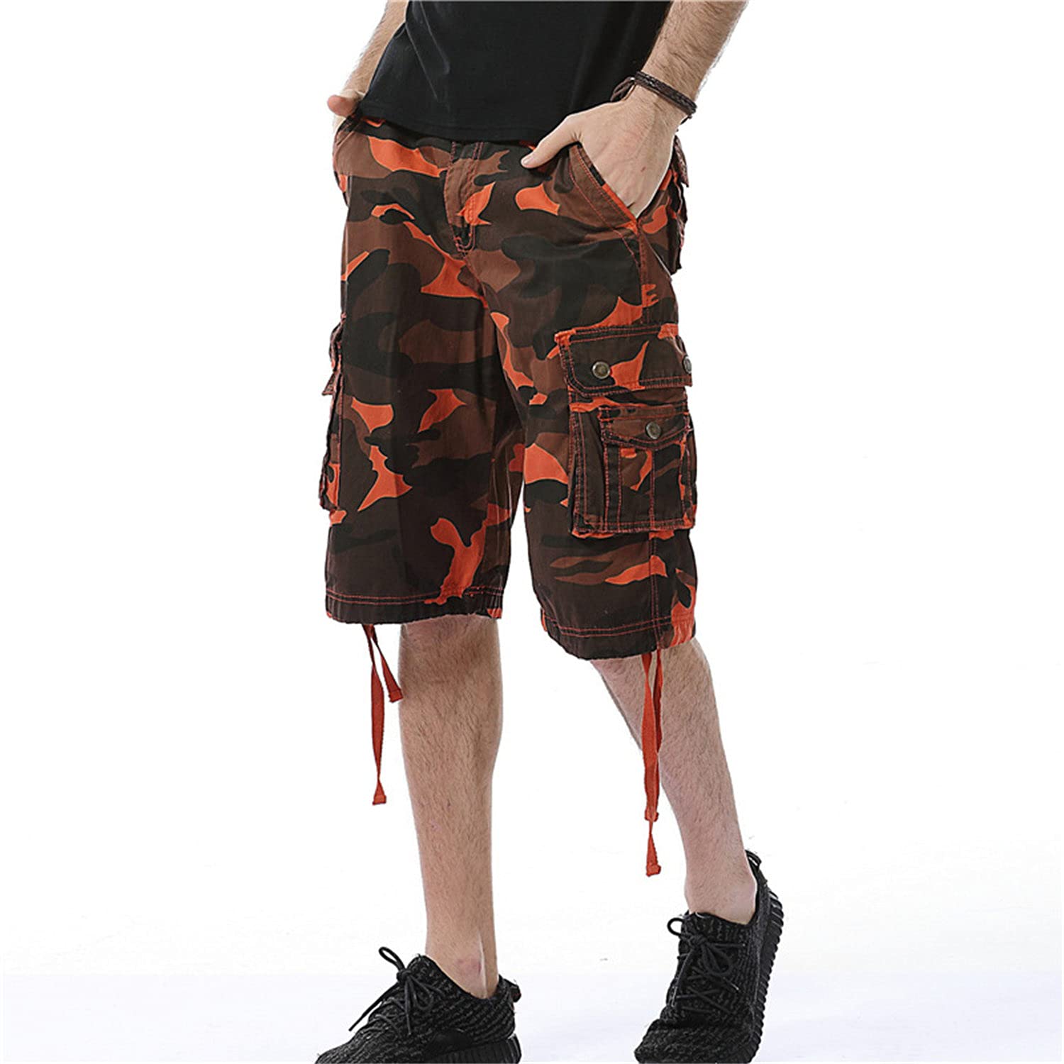Men's Camouflage Cargo Shorts Lightweight Short With Multi Pockets Casual Loose Outdoor Beach Short (Orange,36)
