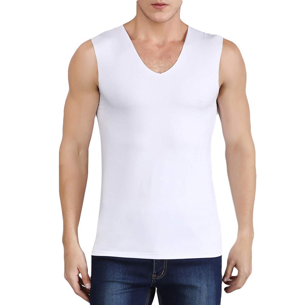 Men's Tee Shirt Ice Silk Traceless Cool Thin Breathable Wide Shoulder Tank Pure V-Neck Sleeveless Vest Top Blouse M-4XL