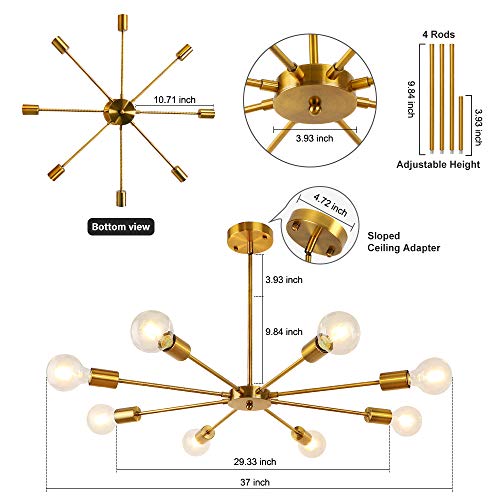 LynPon Gold Sputnik Light Fixture 8 Lights Semi Flush Mount Ceiling Lights Brass Chandelier Industrial Pendant Lighting for Kitchen Dining Living Room Bedroom