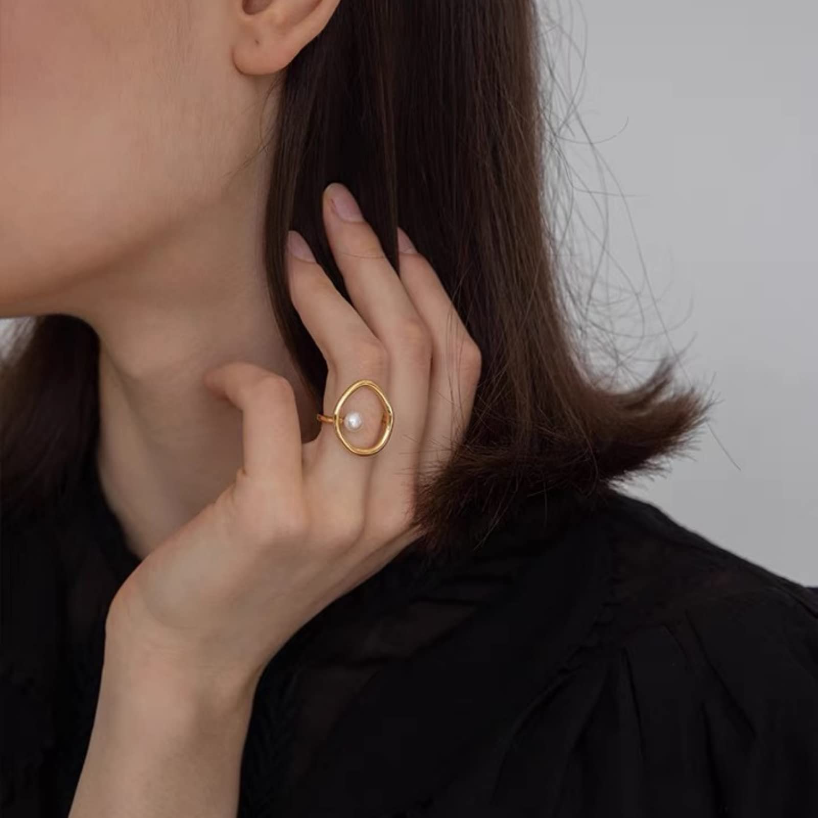 Moonstan Pearl Rings For Women 18K Gold Plated Adjustable Simple Elegant For Girls Gift