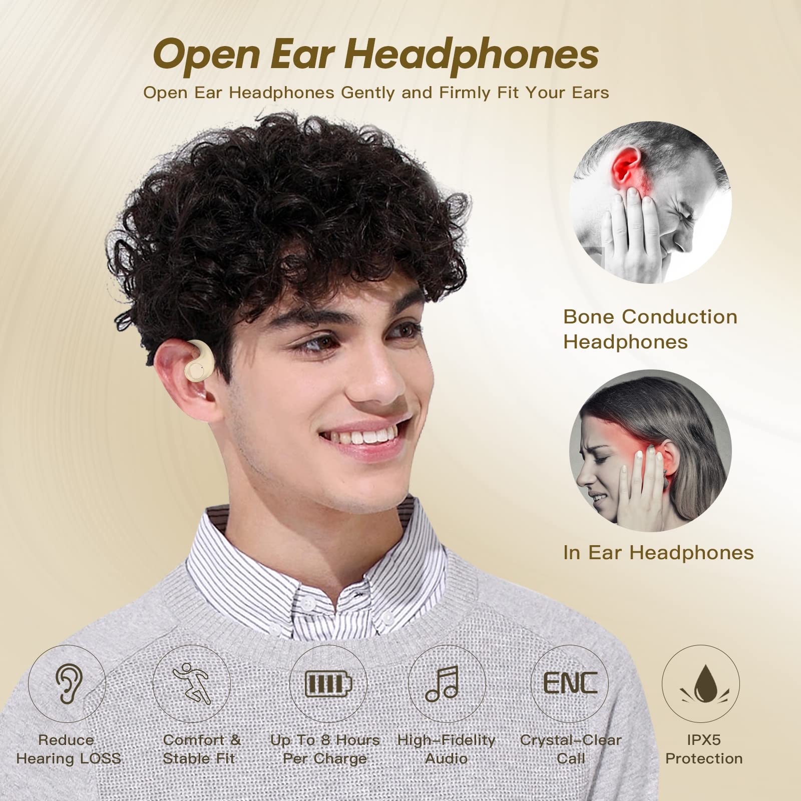 Xmenha,Wrap Around Over Open Ear Earbuds Bone Conduction Open Ear Headphones Running Sport Workout Wireless Earbuds with Earhooks Mic Gym Sports Ear Buds Running Workout Bluetooth Earbud,Beige