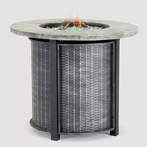RST Brands Sego Lily Logan Steel Outdoor Patio Round Fire Table, with Fiber Concrete Top, 40000 BTUs, PE Wicker, Backyard, 30x30 Inch, Gray