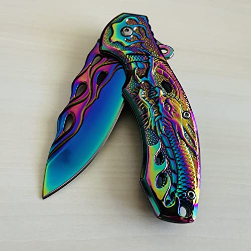 Super Knife 8" Rainbow Dragon Tactical Spring Assisted Open EDC Blade Folding Pocket knife