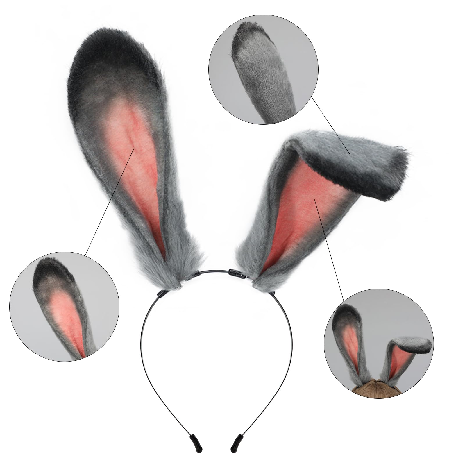 JUNBOON Handmade Fur Rabbit Ears Headwear Women Men Cosplay Costume Party Cute Head Accessories for Halloween