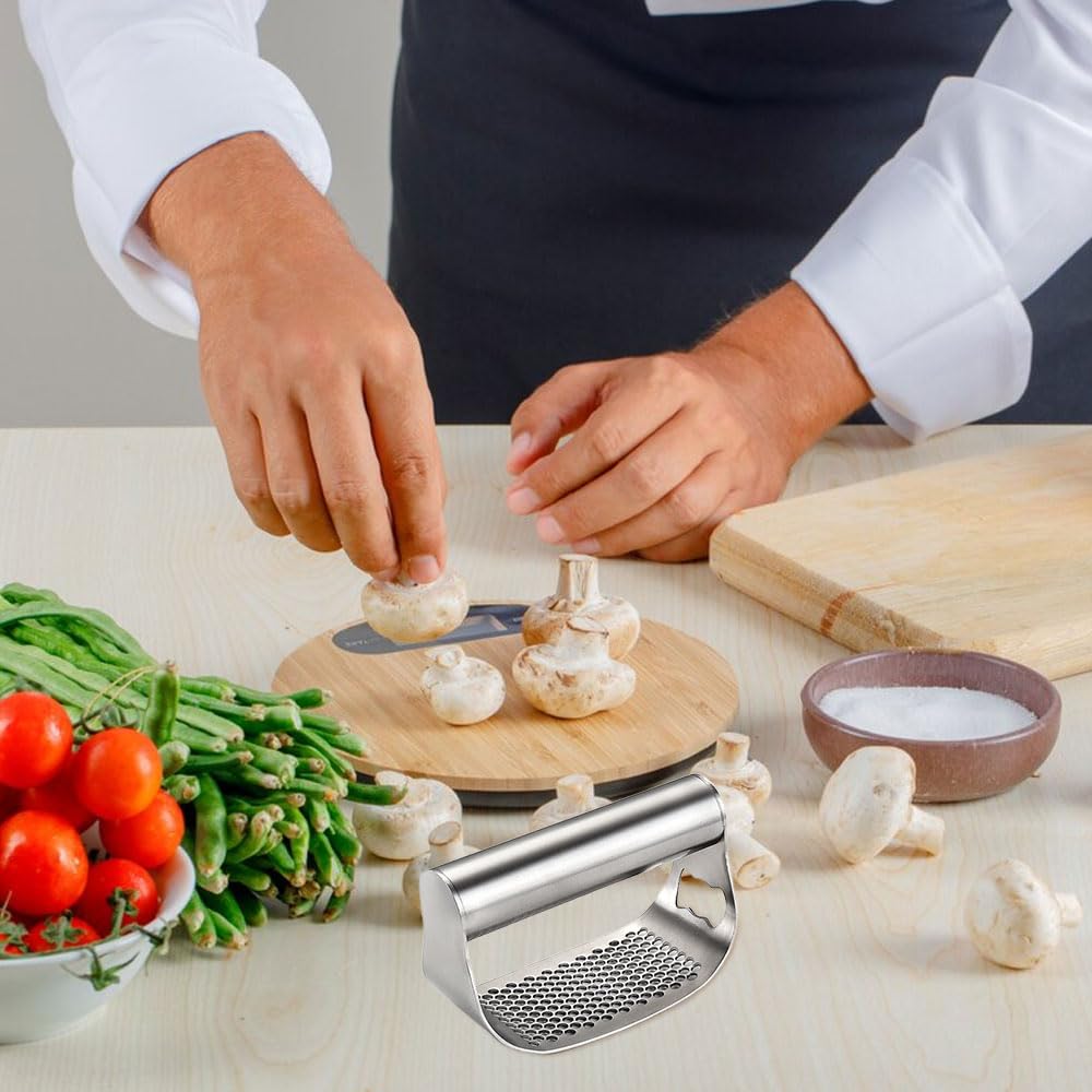 Stainless Steel Garlic Presser, 2024 New Garlic Press Rocker Garlic Mincer Garlic Crusher with Peeler and Cleaning Brush, Comfortable Handle Garlic Chopper for Smash Garlic Kitchen Tools (A)