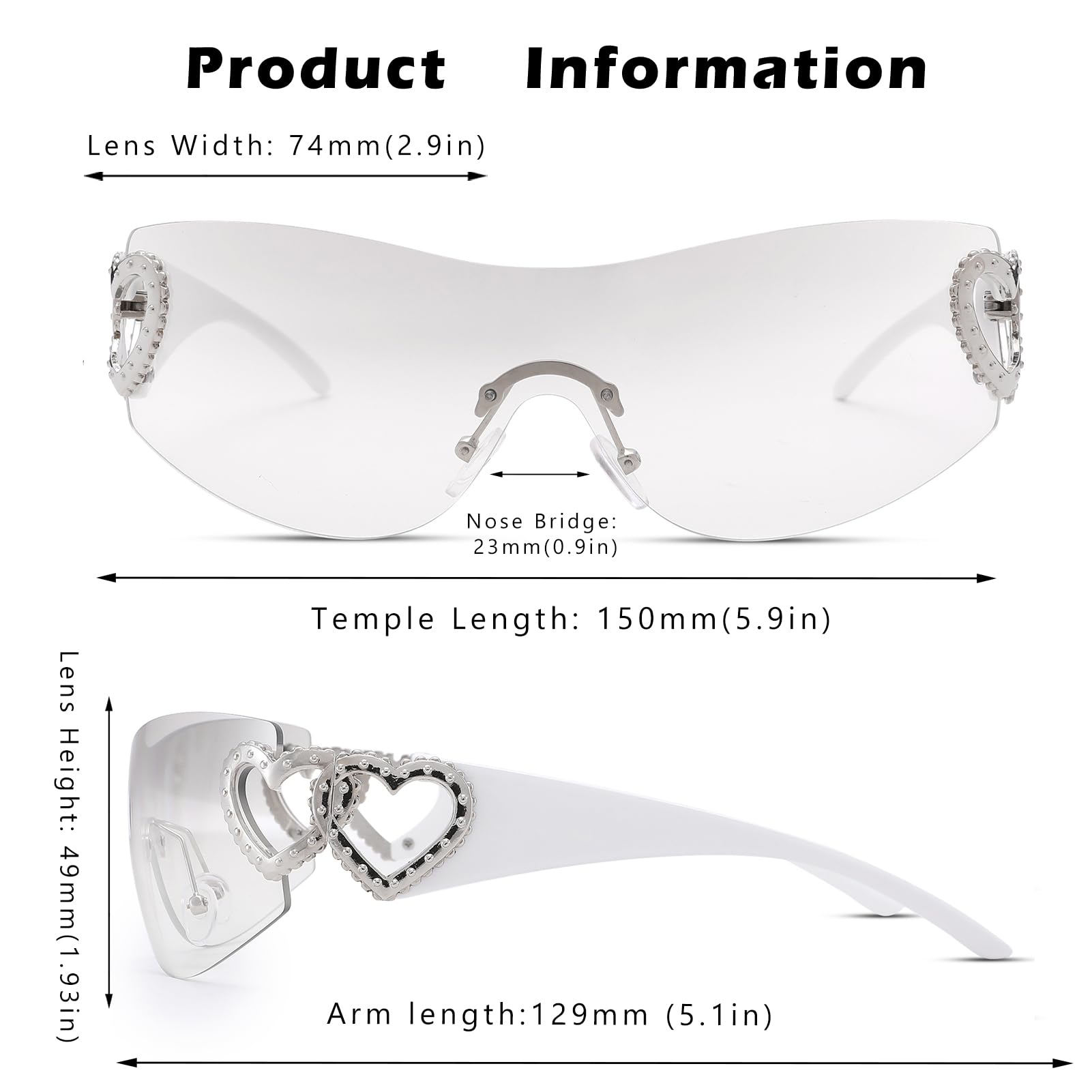 Pro Acme Wrap Around Rimless Sunglasses for Women Men Oversized Fashion Futuristic Sun Glasses Flat Top Shield 2000S Trendy (White Frame|Silver Lens)