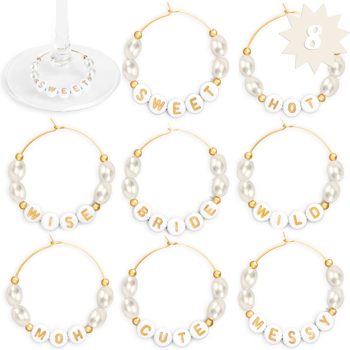 xo, Fetti Bachelorette Party Drink Markers - 8 count | Friendship Bracelet Bride, Engaged Era, Bridesmaid Favor, Bridal Party Accessory, Pearl Bead Party Drink Supplies