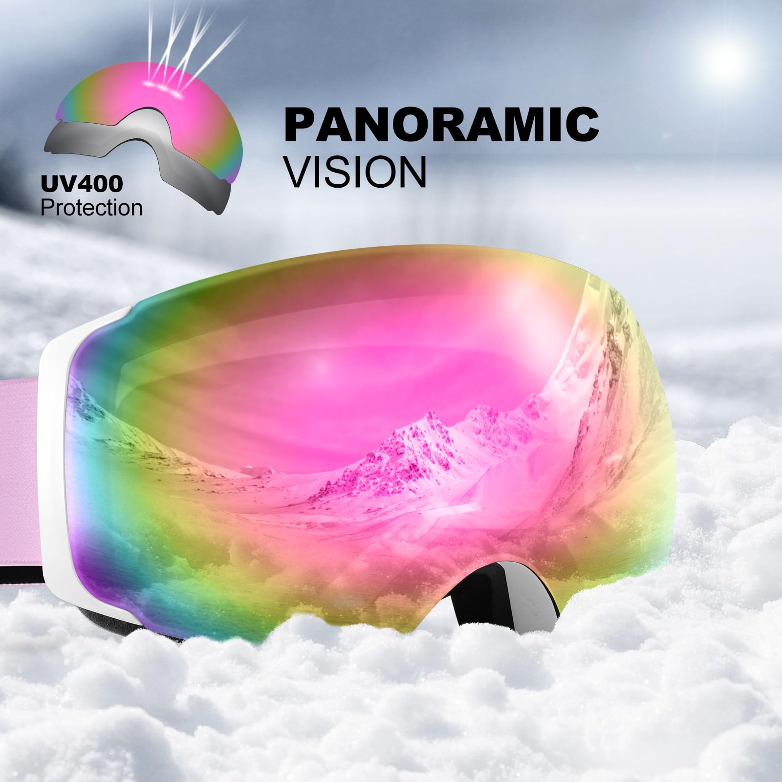 Odoland Magnetic Interchangeable Ski Goggles with 2 Lens, Large Spherical Frameless Snow Snowboard Goggles for Men Women, White Frame Purple Lens vlt 25%