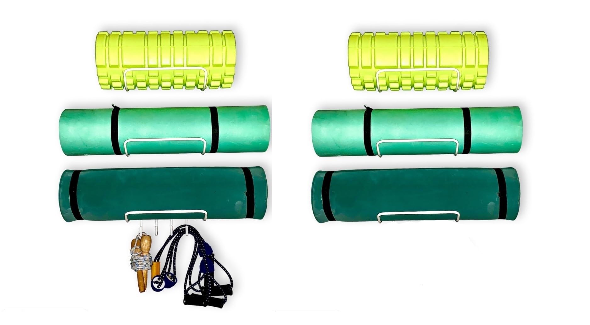 KOOLIST Yoga Mats Holder, Wall Mount, Rack for Yoga Mats or Towel Storage. 3 Shelf Contoured Design Twin Pack Totalling 6 Shelves. 1 Additional 4 Hook Assembly Included.
