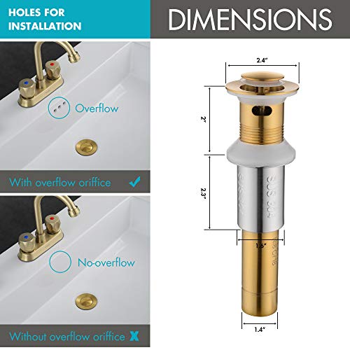 Rainovo Sink Drain Stopper Bathroom, Pop-Up Drain Stainless Steel With Overflow Anti-Clogging for Vessel Sink Lavatory Vanity Sink Drain with Strainer Basket, Brushed Gold