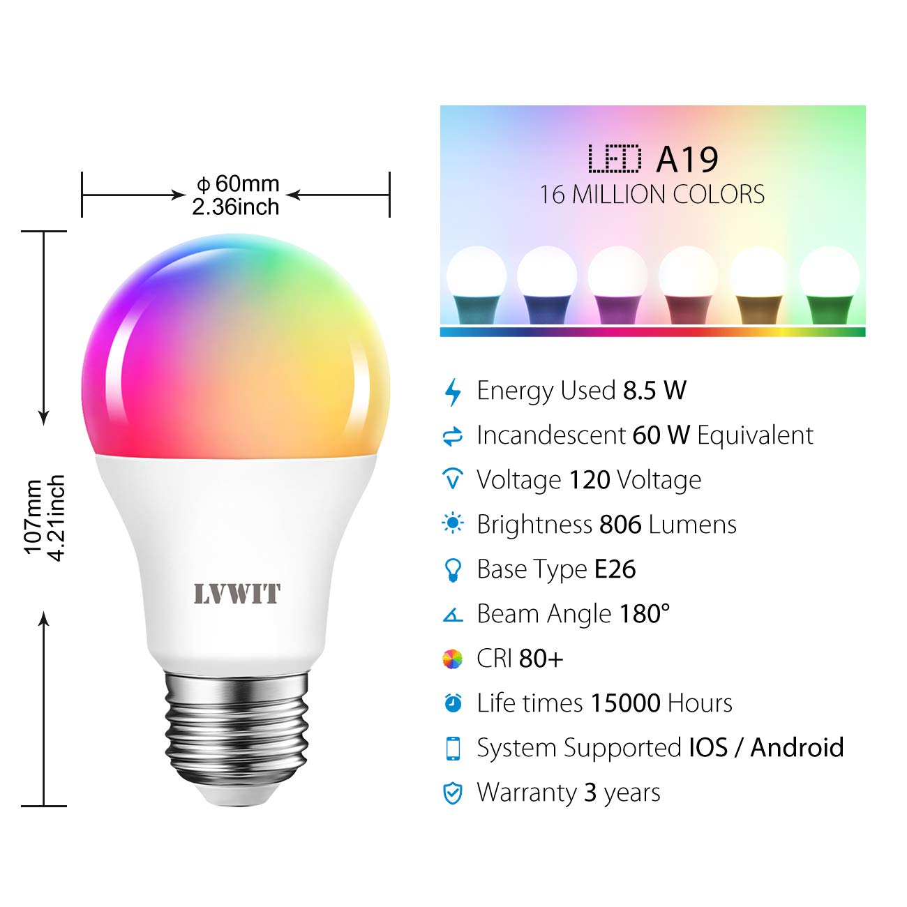 LVWIT Smart Light Bulbs Alexa, A19 60W Equivalent, E26 Smart LED, Work with Google Assistant, Smart Life App, Tuya App, RGB Color Changing Bulb (8.5W), No Hub Required, 4-Pack
