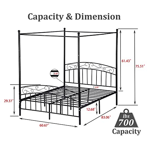 ZIRUWU Queen Size Sturdy Metal Canopy Bed Frame with Headboard Footboard Steel Slats Support Easy Assembly No Box Spring Needed,Black