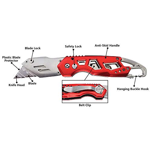 Superior Steel UK750 Folding Utility Pocket Knife Box Cutter with Belt Clip, Easy Release Button, Quick Change and Lock-Back Design