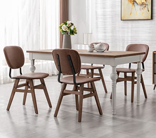 Wahson Set of 4 Farmhouse Country Armless Dining Room Chairs, Faux Leather Upholstered Kitchen Chairs with Hardwood Legs, Brown