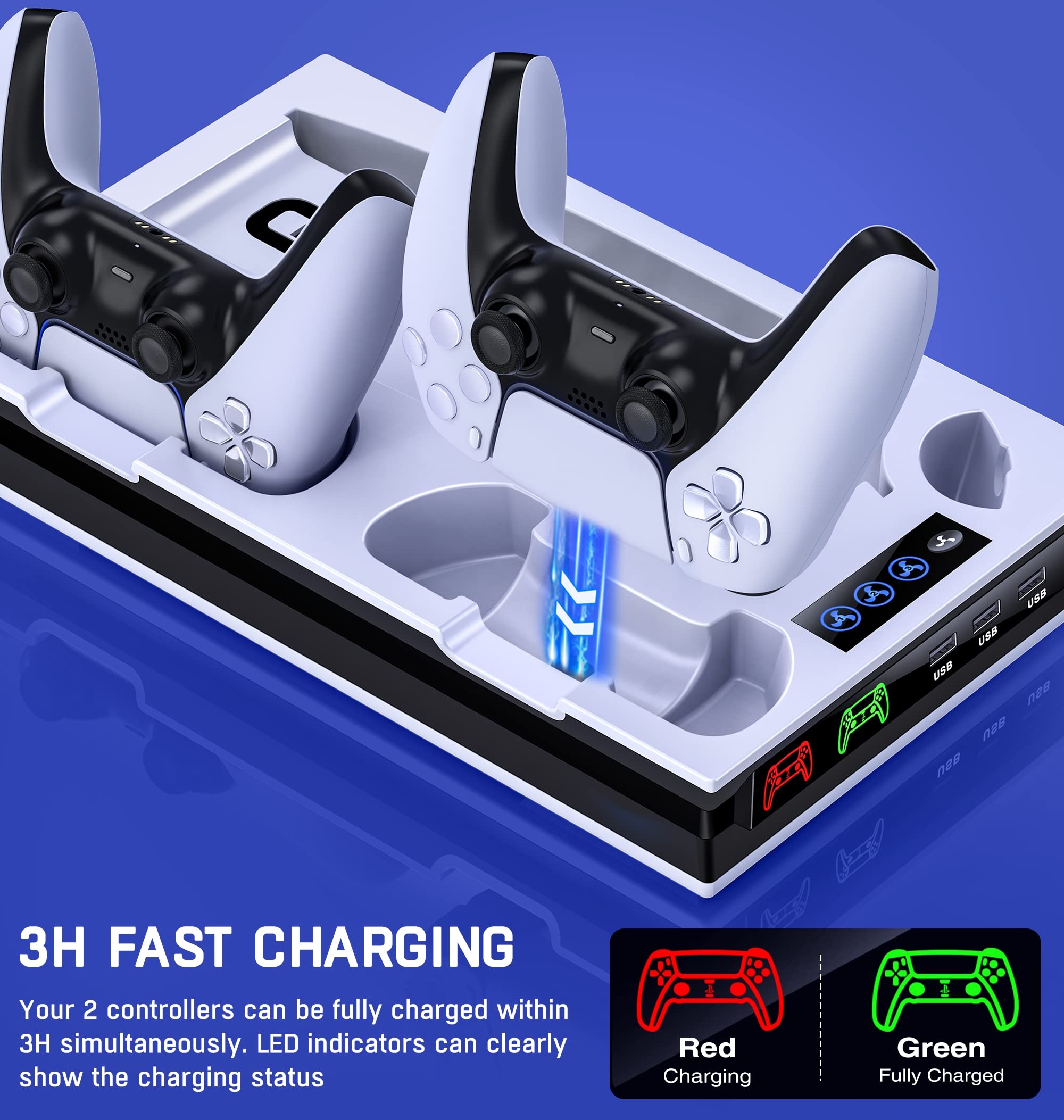 Stand Cooling Fan with Dual Controller Charging Station for PlayStation 5 Console Disc and Digital Editions, for PS5 Holder Accessories with 3 Level Cooling Fan, Headset Holder, 3 USB Hub,Media Slot