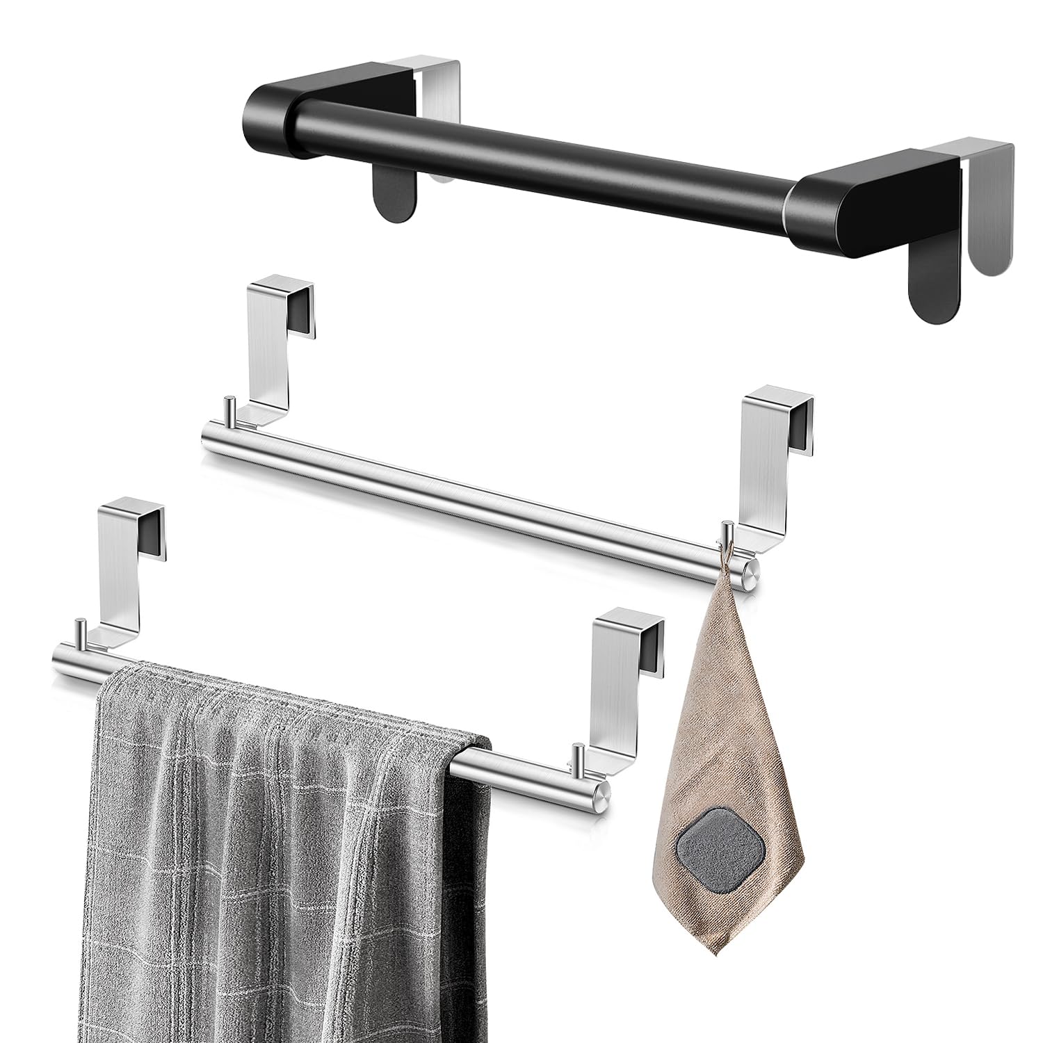 VEHHE Kitchen Towel Holder - 2pcs Over Cabinet Door Hand Dish Towel Bar Rack Holders with 2 Hooks& VEHHE Kitchen Towel Holder, Retractable Kitchen Towel Rack, Hooks Adjustable to Door Thickness.