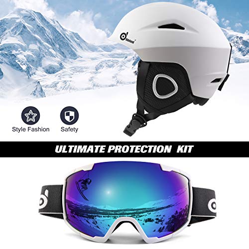 Odoland Ski Helmet with Ski Goggles, Multi-Options Snowboard Helmet and Goggles Set for Men Women and Youth, White, M