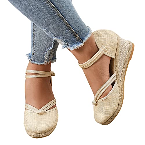JMMSlmax Platform Espadrille Slides Womens Wedge Espadrille Ankle Strap Closed Cap Toe Platform Heeled Sandals Beige