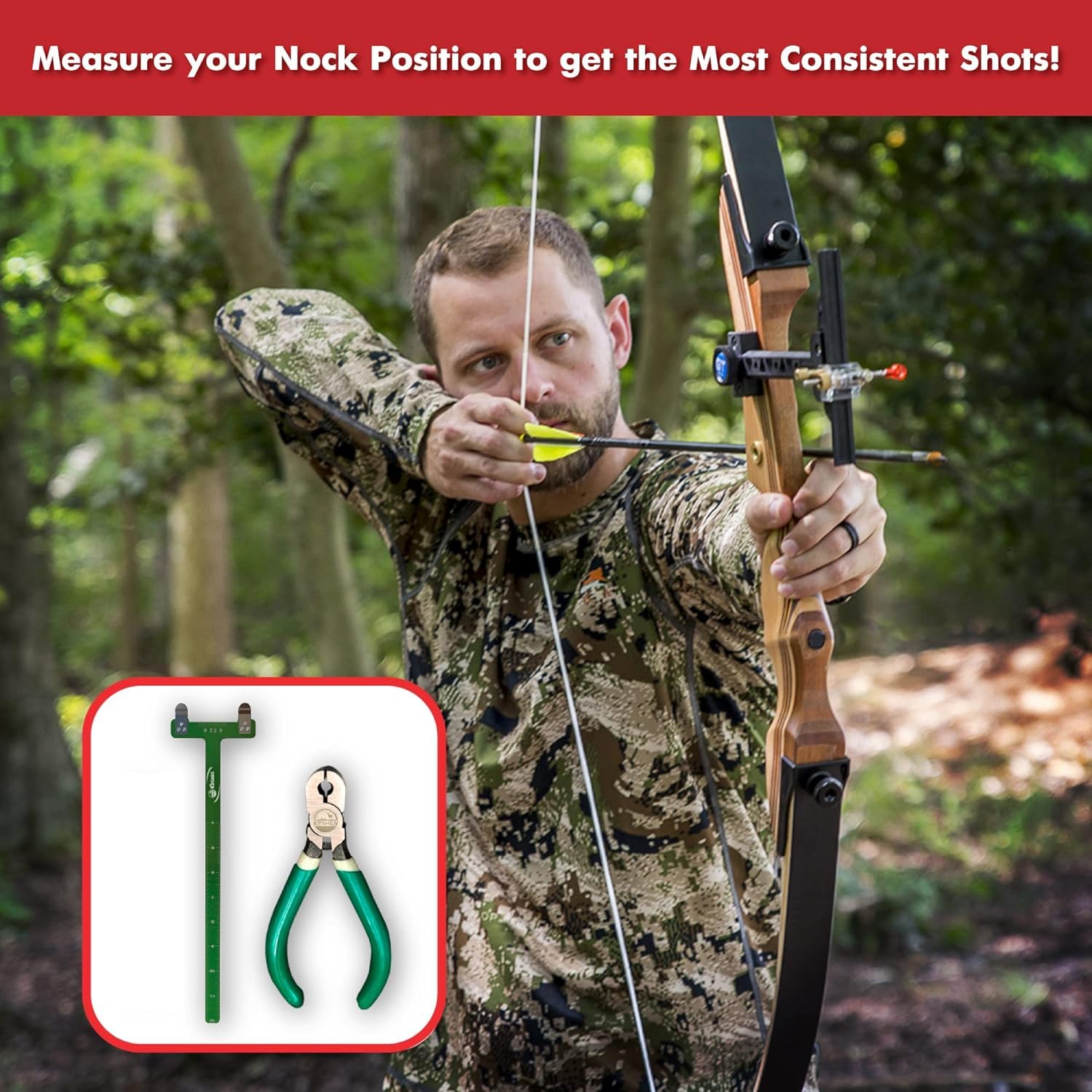 KESHES Bow String Nocking Points Set β T Square Ruler with Plier for Recurve and Compound Bowstring Accessories - Brass Nocks Point Bow Tuning Kit (T-sq, Plier, 6 Nocks Set)