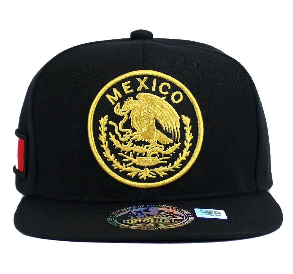 Mexican Hat Mexico Eagle Federal Logo Embroidery Snapback Flat Bill Baseball Cap (Black- Gold)
