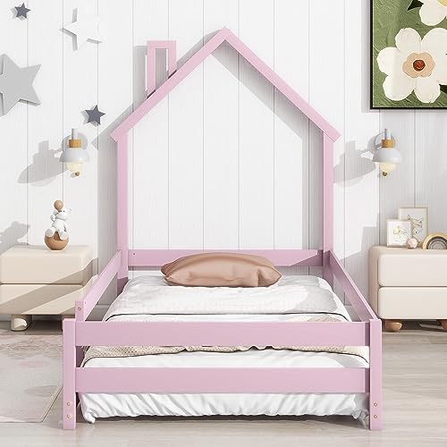 Twin Size Platform Bed, Wooden Platform Bed Frame with House-Shaped Headboard, Floor Bed with Fences for Kids Boys Girls Bedroom (Pink 01)