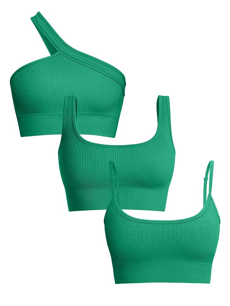 OQQ Women's 3 Piece Medium Support Tank Top Ribbed Exercise Seamless Scoop Neck Sports Bra One Shoulder Tops Crop Tops Green