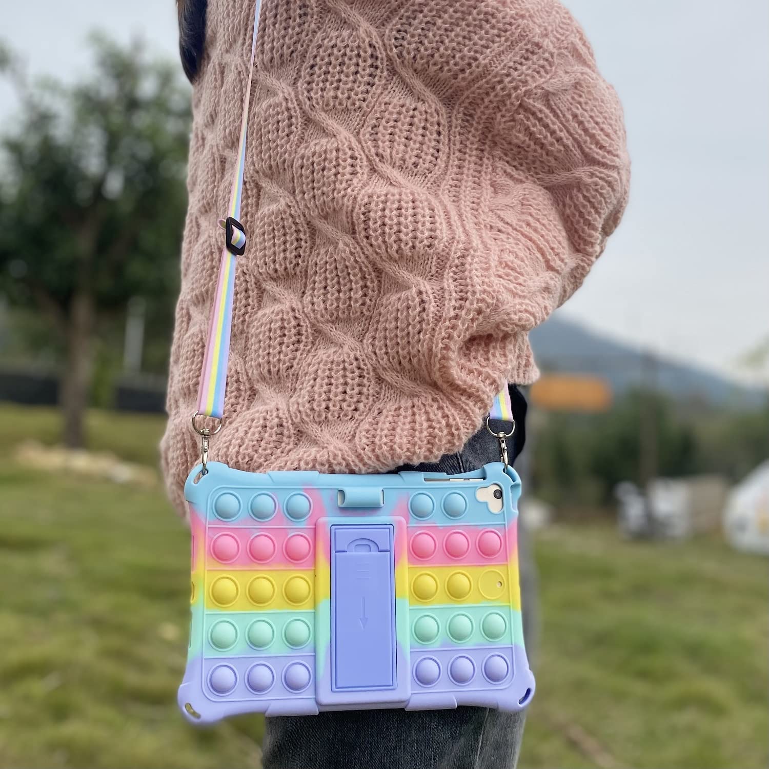 IPad Mini 5 4 3 2 1 Case 7.9 inch, UFAINEI Cute Silicone Cases for Apple IPad Mini 12345 Protective Cases with Pencil Holder Kickstand and Detachable Shoulder Strap-Rainbow Blue