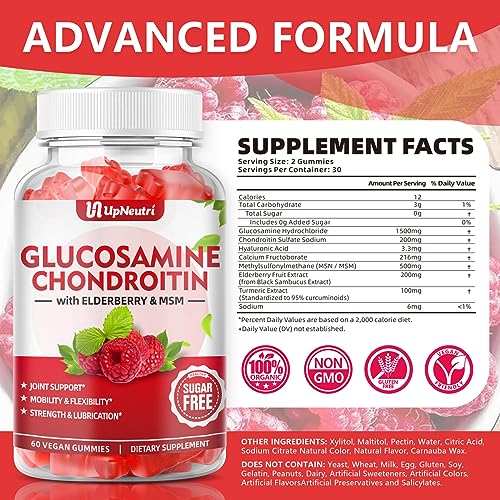 UPNEUTRI Sugar Free Glucosamine Chondroitin Gummies, Extra Strength 1500mg Glucosamine with Chondroitin MSM & Elderberry & Turmeric, Joint Support Supplement for Men & Women Joint Health