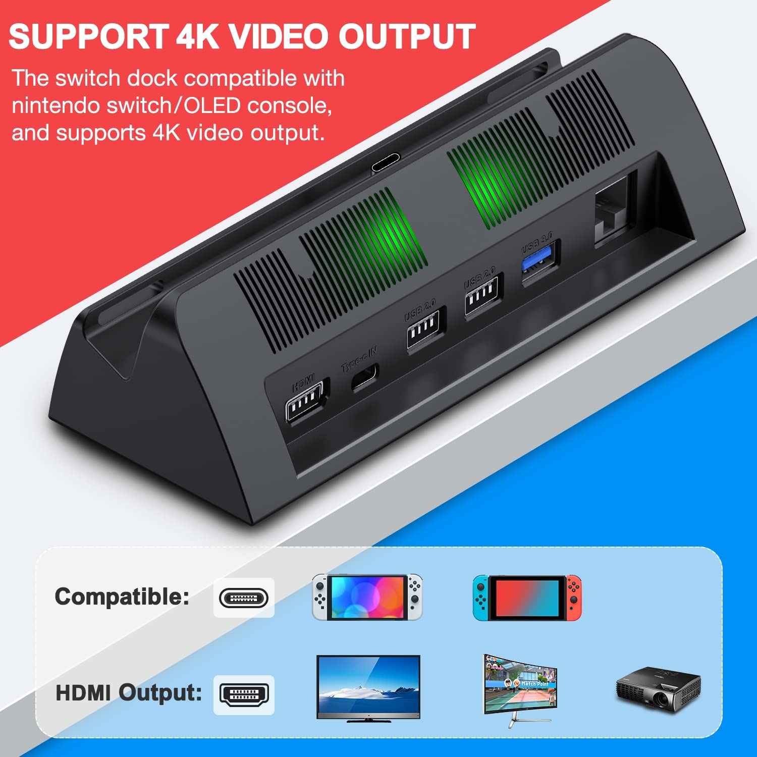 Switch Dock, Switch Docking Station Replacement for Nintendo Switch Dock, 6-in-1 Switch Dock, 1000Mbs LAN Port, Charging Port, HDMI Port, USB 3.0 2.0, Portable Switch TV Dock Travel Dock for Nintendo