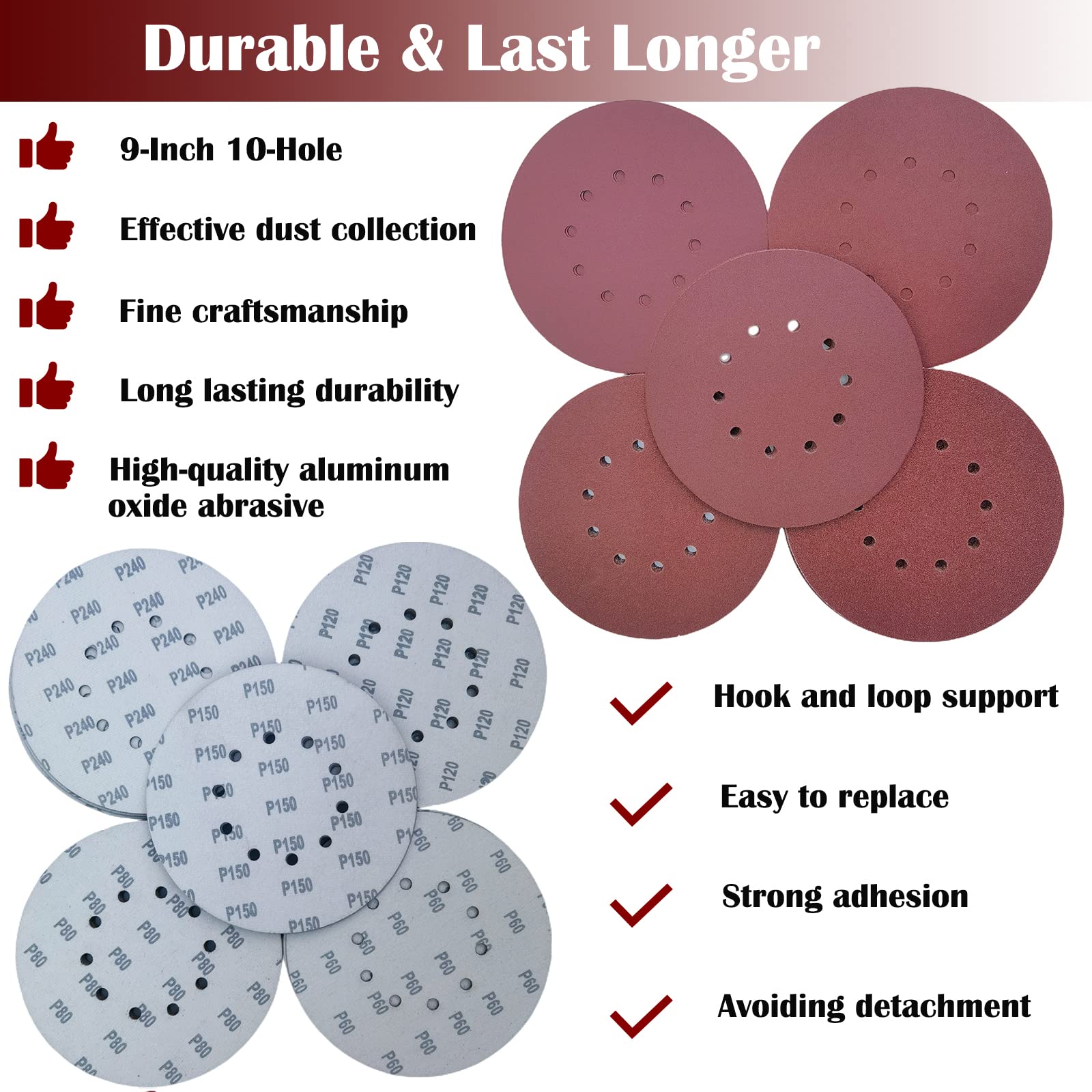 Sackorange 100 PCS 9 Inch 10 Hole Hook and Loop Sanding Discs Set - 60 80 120 150 240 Grits Aluminum Oxide Sander Paper for β9" Drywall Sander Wood Furniture Finishing