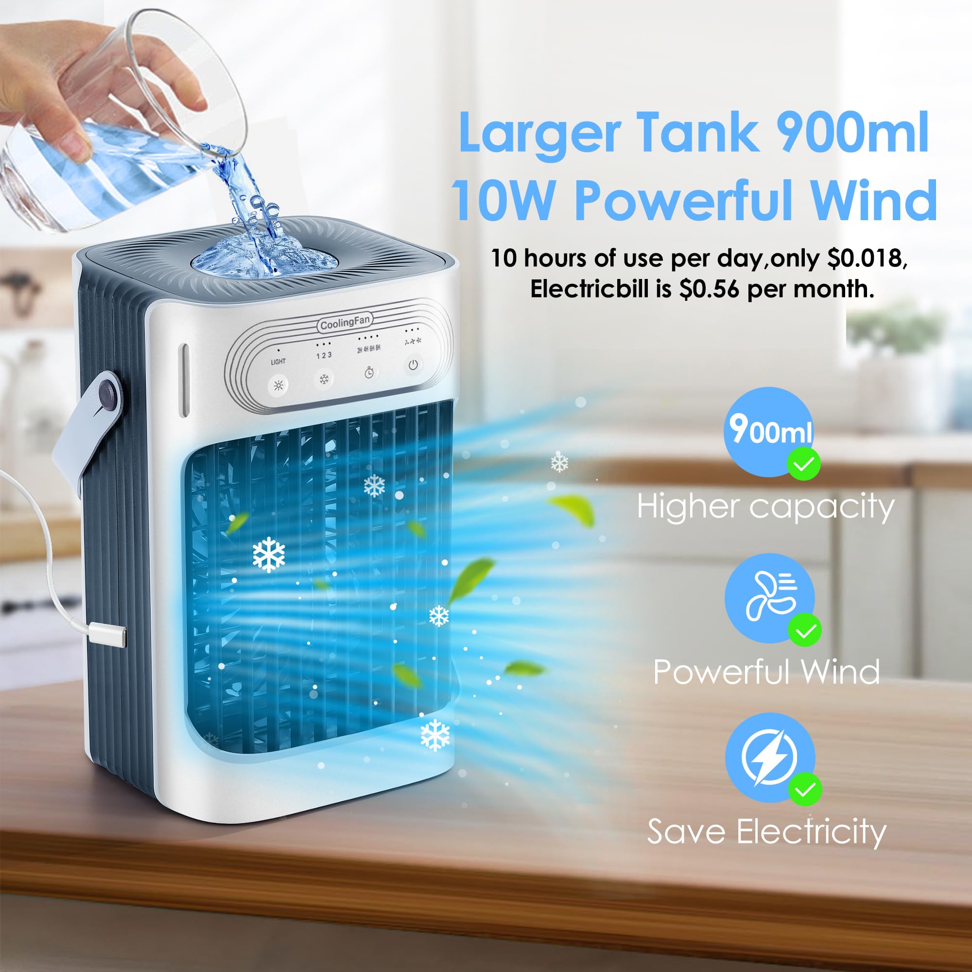 TAKSHO Portable Air Conditioner 3 Cold Wind Speeds-3 Mist Levels, 7 Color-Changing LED Lights - 10W&900ml Water Tank, USB-Powered Evaporative Air Cooler Unit with 2-8 Hour Timer, portable cooling fan