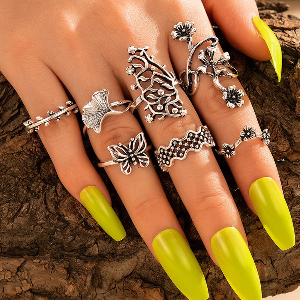 Octwine 7Pcs Silver Bohemian Statement Knuckle Rings Flower Carved Stackable Rings Stacking Ring Jewelry for Women and Girls