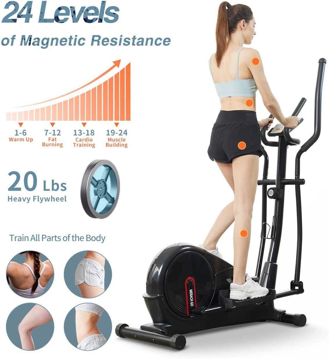 MERACH Go Elliptical Machines for Home Use, Hyper Quiet Elliptical Exercise Machine with 20 lbs Magnetic Flywheel, with 24 Resistance Level, 350 lbs Weight Limit