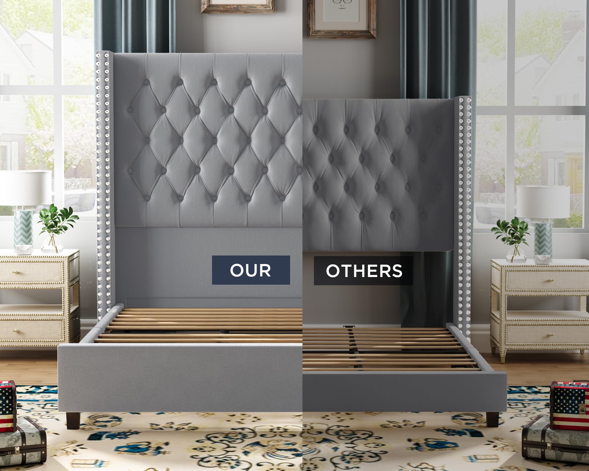 Jocisland Velvet Upholstered Bed Frame King Size 61.4" Tall Headboard King Bed Frame/Deep Button Tufted/No Box Spring Needed/Grey