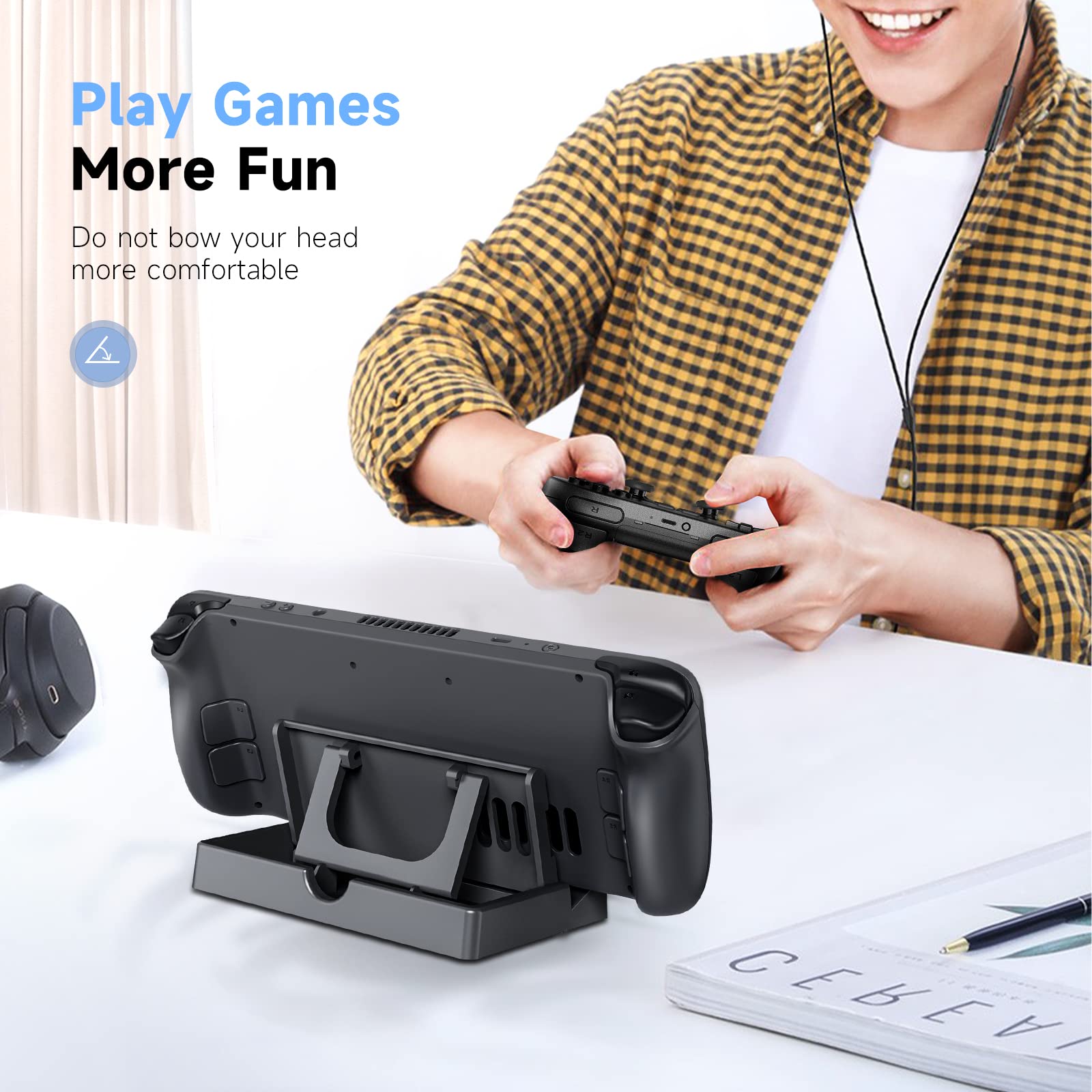 Stand Base for Valve Steam Deck 2021, Switch, Switch Lite, Switch OLED,Tablets and Smartphones, Steam Deck Accessories 3 Angle Level Adjustable Holder Stand, Portable Foldable Non-Slip Bracket - Black